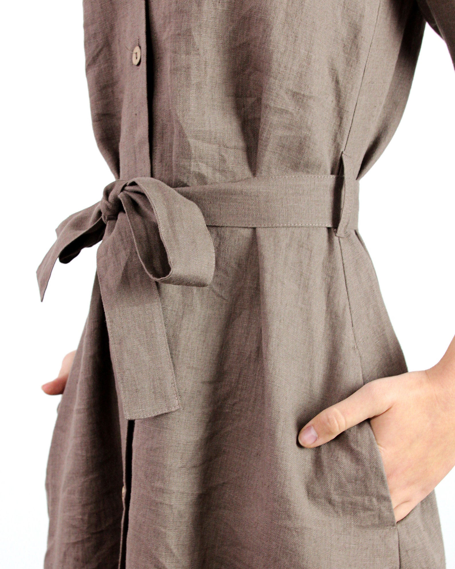 Linen Button Down Dress SANTANA: Long Sleeve Maxi With Belt & Pockets ...