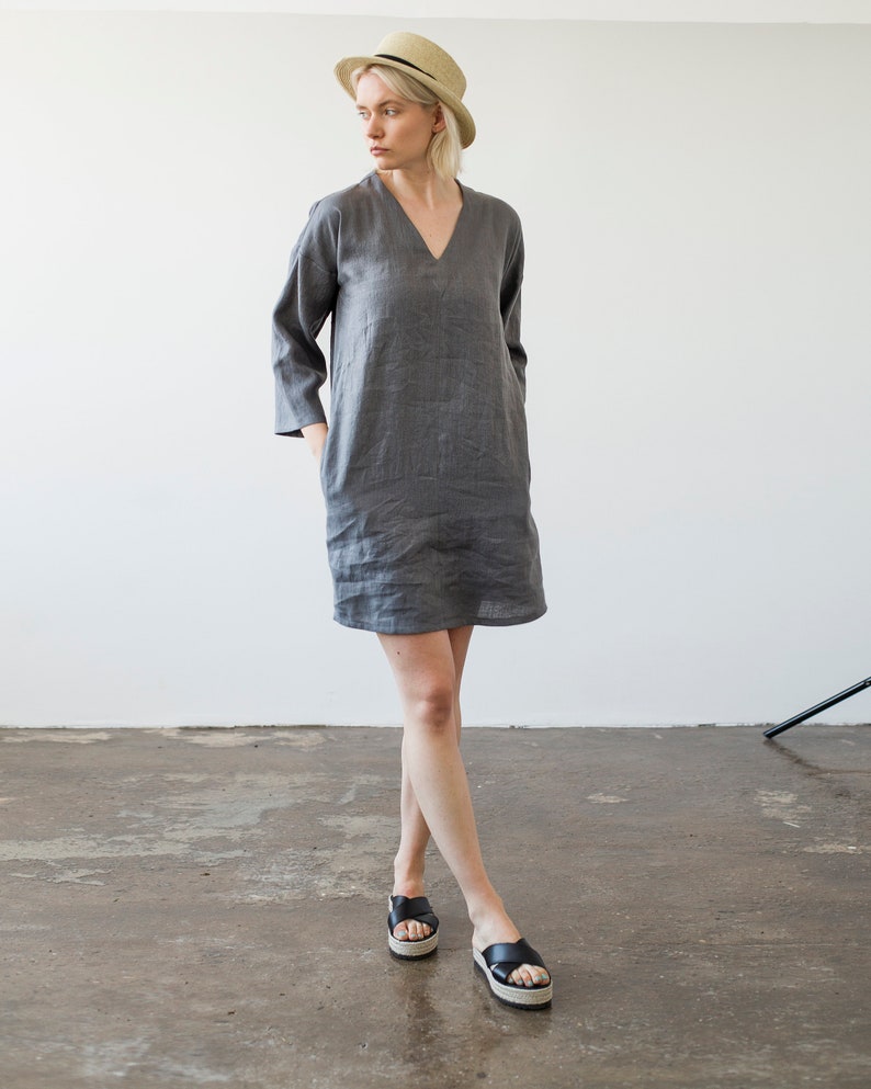 V Neck Tunic Frances Linen Tunic Dress Long Sleeve Linen Etsy