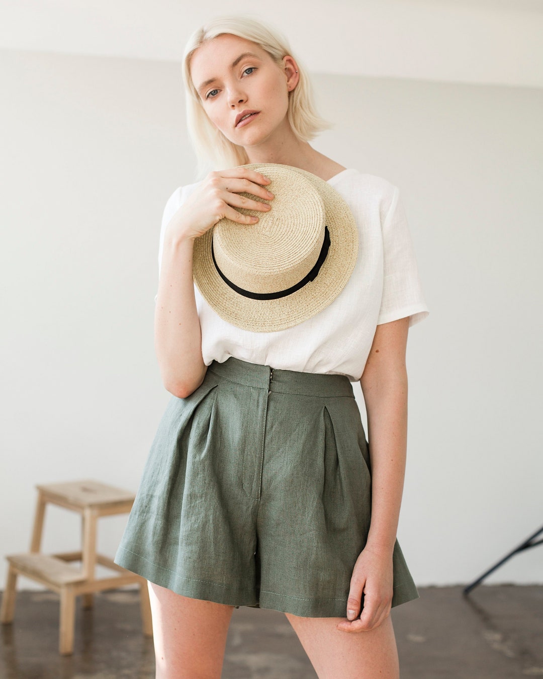 Laundered Linen High Waist Shorts AGNES - Moss Green - Etsy