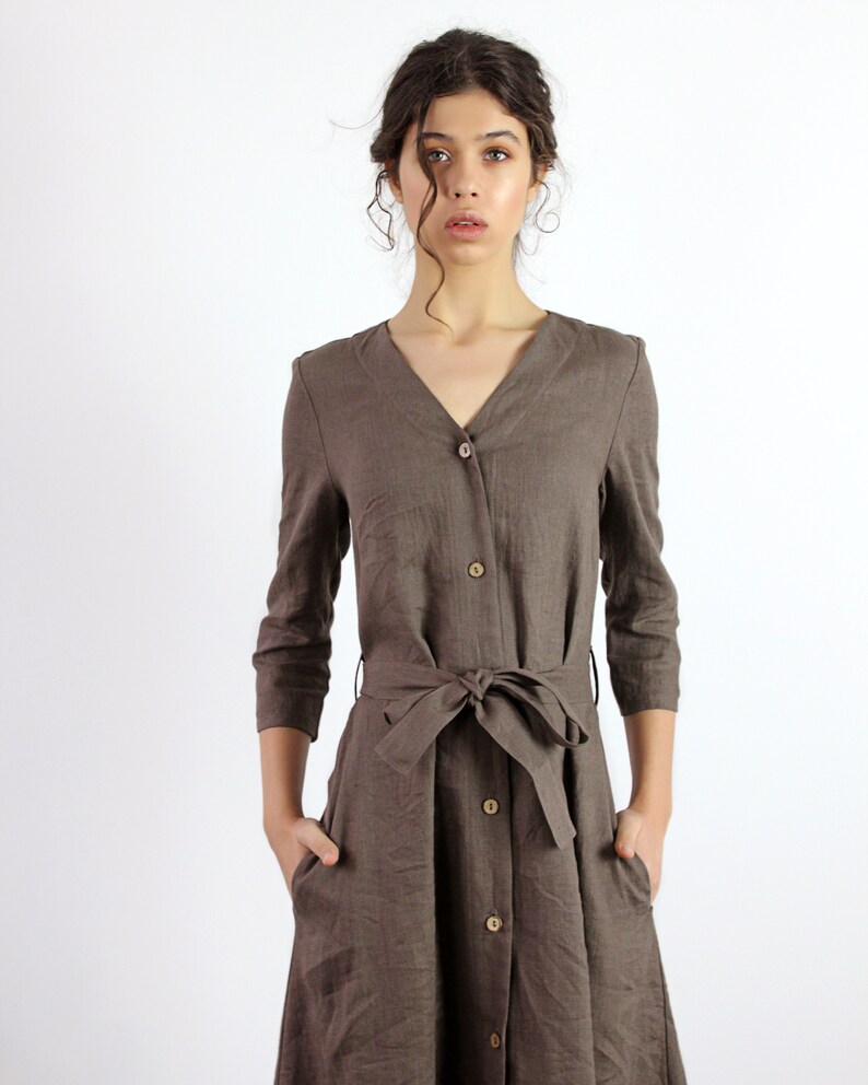 Linen Button Down Dress SANTANA: Long Sleeve Maxi With Belt & Pockets ...