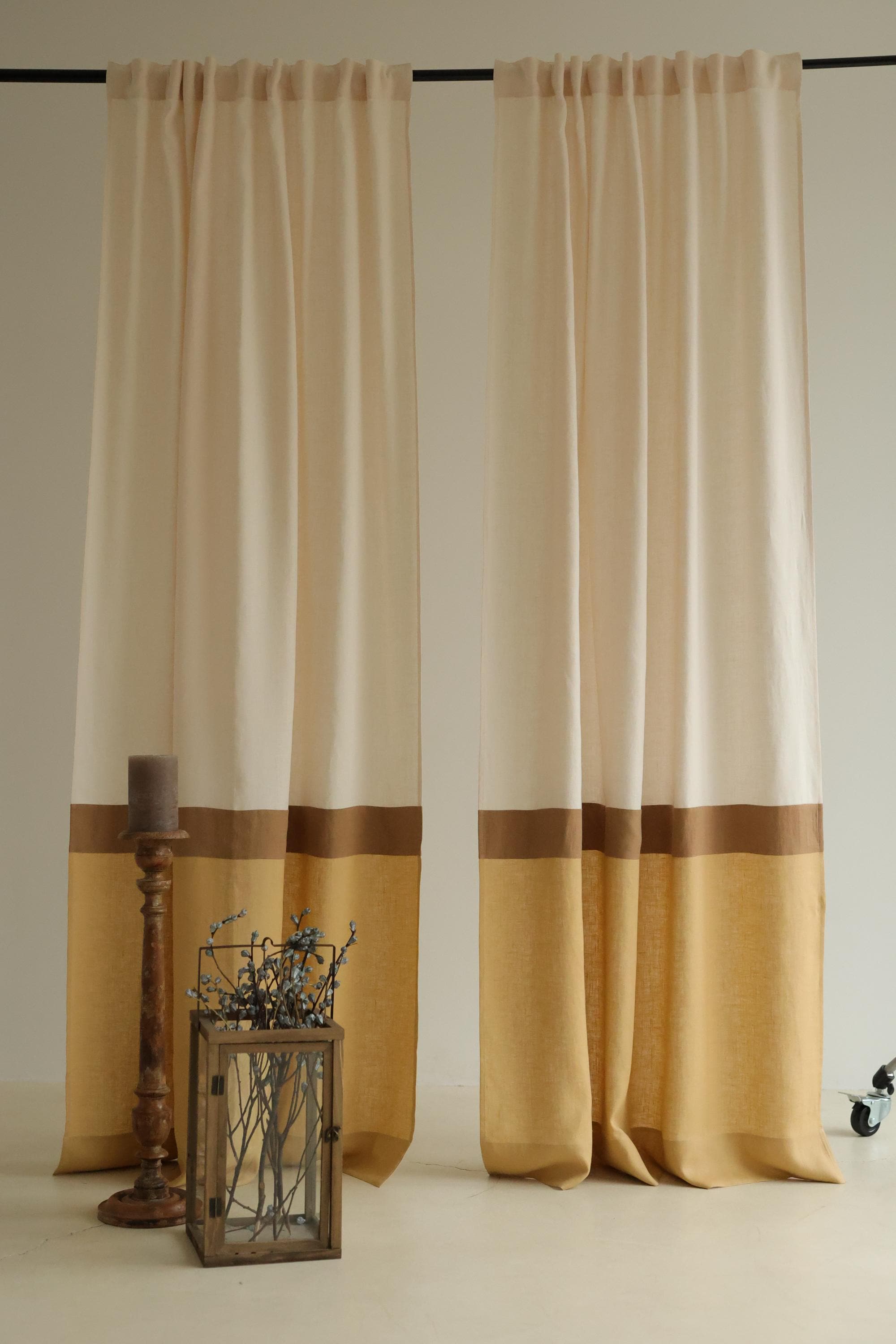 Linen Color Block Curtain Panels: Semi-sheer 3-color Drapes (set of 2 ...