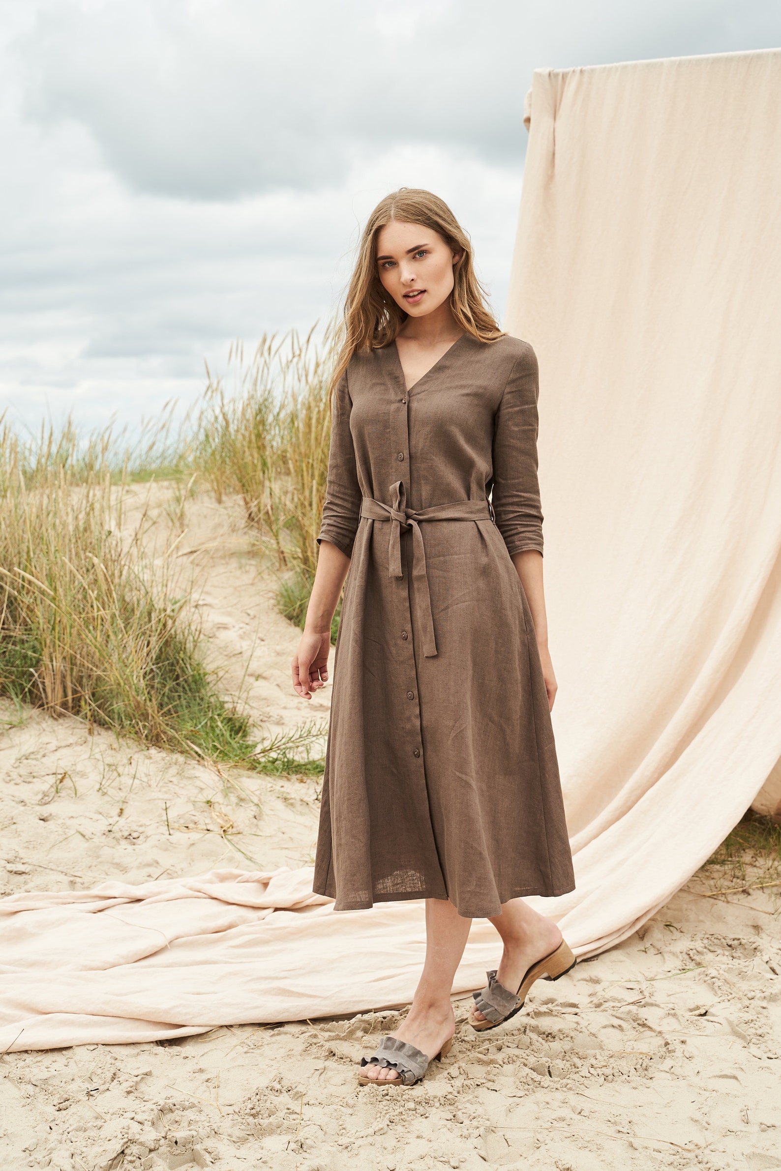 Linen Button Down Dress SANTANA: Long Sleeve Maxi With Belt & Pockets ...