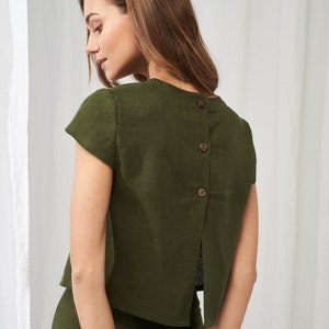 Linen Button Back Shirt AMELIA, Linen Crop Top, Linen Top Short Sleeves ...