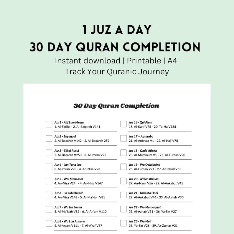 Quran Checklist - 30 Juz Digital Download - Track Your Quranic Journey ...