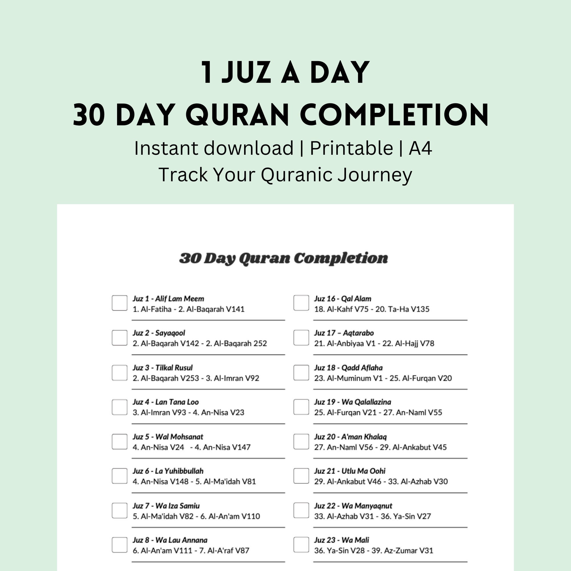 Quran Checklist - 30 Juz Digital Download - Track Your Quranic Journey - Etsy