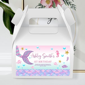 Editable Mermaid Box Label, Printable Mermaid Pink Gold Favors Gift Box ...