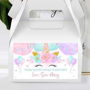 Editable Unicorn Box Label, Printable Unicorn Pink Gold Favors Gift Box ...