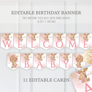 Editable Welcome Baby Banner Bear Pink, Girl Bear With Balloons for ...