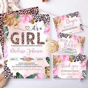 Editable It's a Girl Leopard Baby Shower Invitation Set, Safari Leopard ...