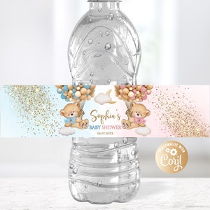 Editable Bears Twins Girl Boy Water Bottle Label Baby Shower Pink Blue ...