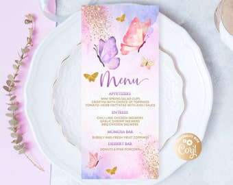 Editable Butterfly Dinner Menu Card, Butterfly Reception Dinner Menu ...