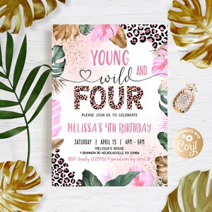Young Wild and Four Birthday Invitation for Girl, Editable Leopard Gold ...