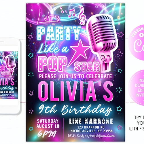 Pop Star Music Birthday Invitation Pop Star Rock Star - Etsy