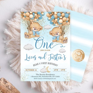 Twins Bear Birthday Invitation, Beary First Birthday Party Twin Boys ...