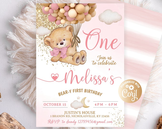 Editable 1st Birthday Girl Teddy Bear Hot Air Balloon Bear Theme Beary ...
