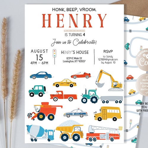Printable Car Birthday Invitation Truck Birthday Party - Etsy