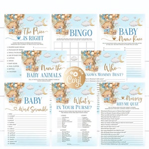 Editable Bear Blue Gold Baby Shower Game Package, 8 Printable Bear Blue ...