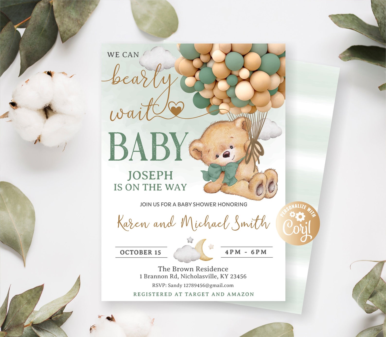 Editable Bear Baby Shower Invitation, We Can Bearly Wait Boy, Green ...