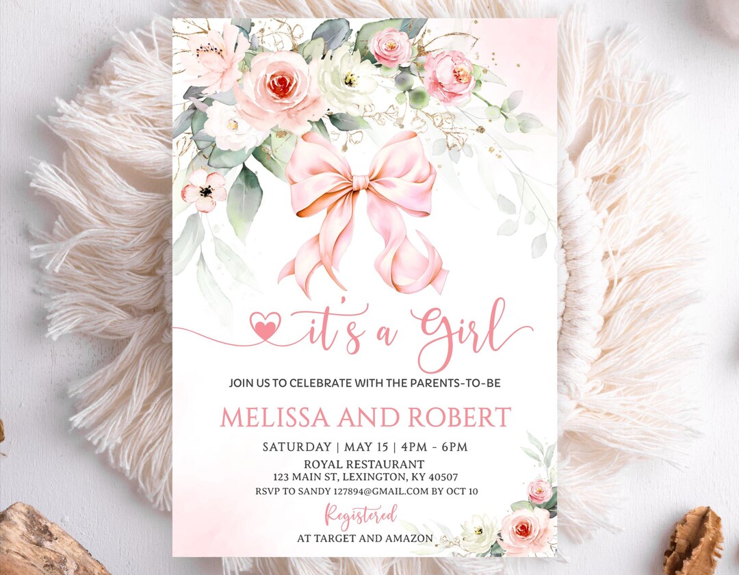Bow Pink Baby Shower Invitation, Editable Pink Girl Bow Rose White ...