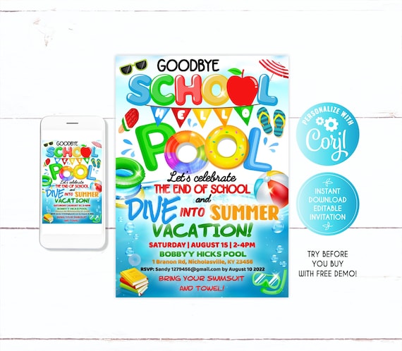Goodbye School Hello Pool Invitation EDITABLE End of School - Etsy