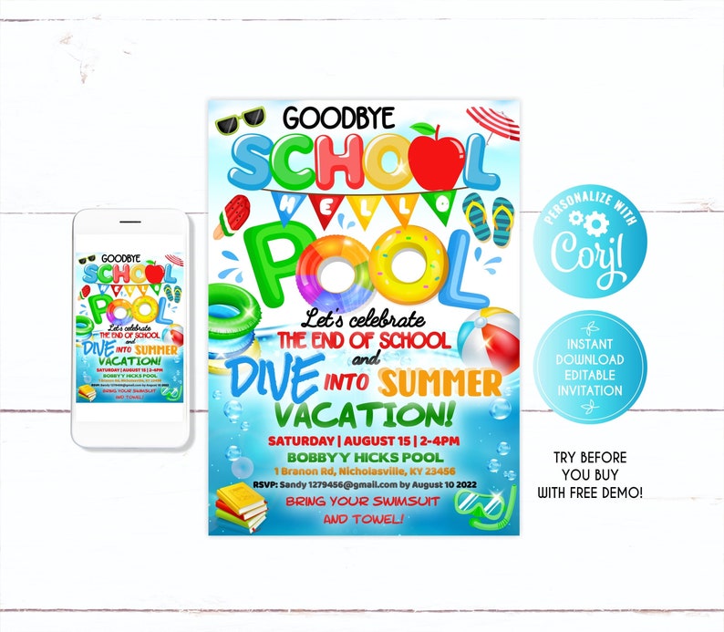 Goodbye School Hello Pool Invitation EDITABLE End of School - Etsy