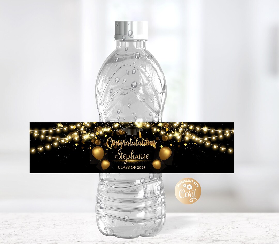 Editable Graduation Water Bottle Labels Gold Glitter Black, Graduation ...