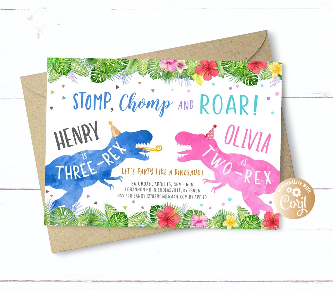 Dinosaur Double Birthday Invitation Blue Pink Dinosaur - Etsy