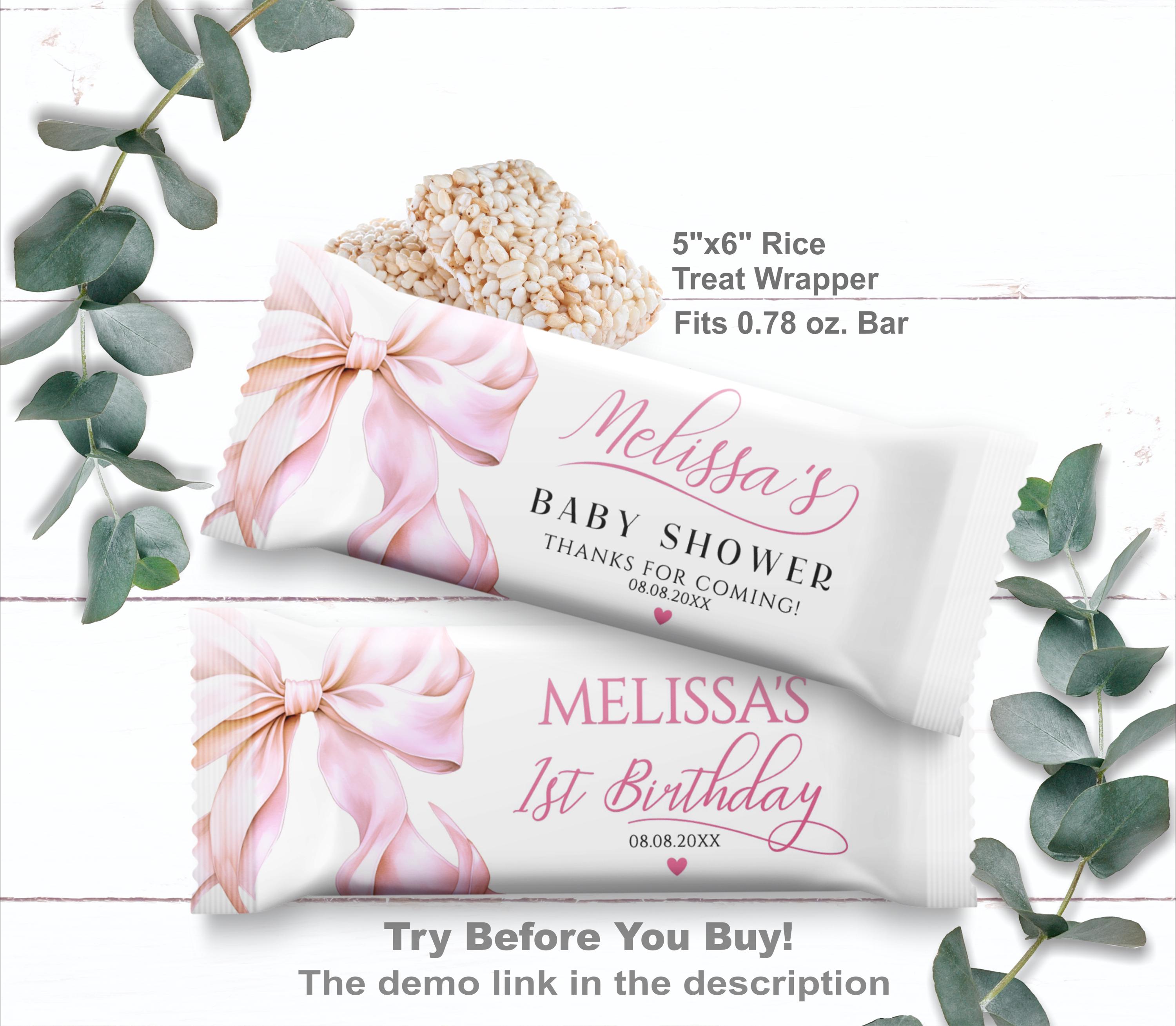Editable Pink Bow Birthday Crispy Rice Treat Template Wrapper Printable ...