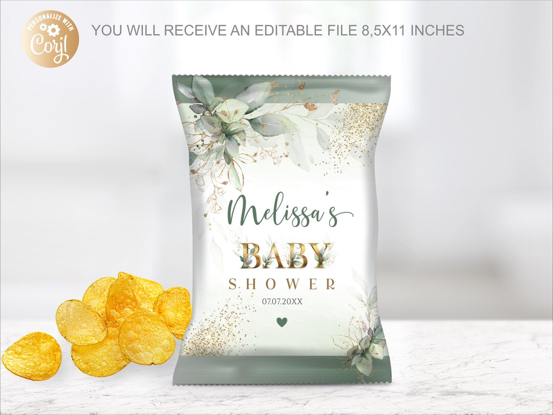 Editable Green Greenery Sage Chip Bags, Eucalyptus Gold Glitter Baby ...