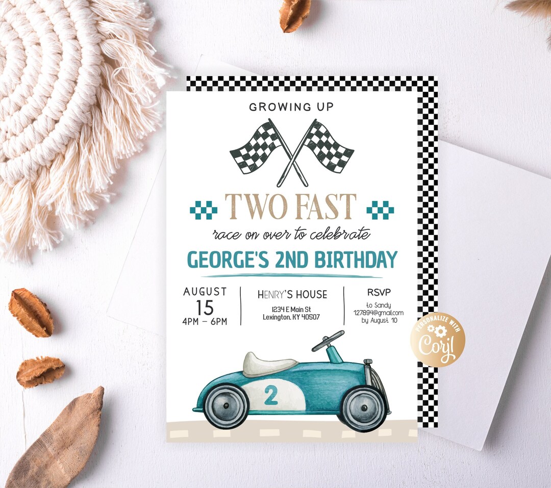 Editable Two Fast Birthday Invitation, Blue Vintage Car, Vintage Car ...