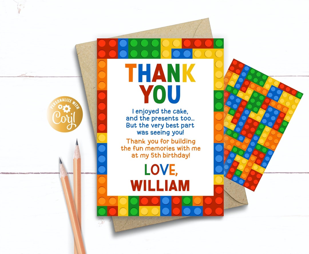 Editable Building Blocks Thank You Card, Blocks Birthday Thank You Card ...