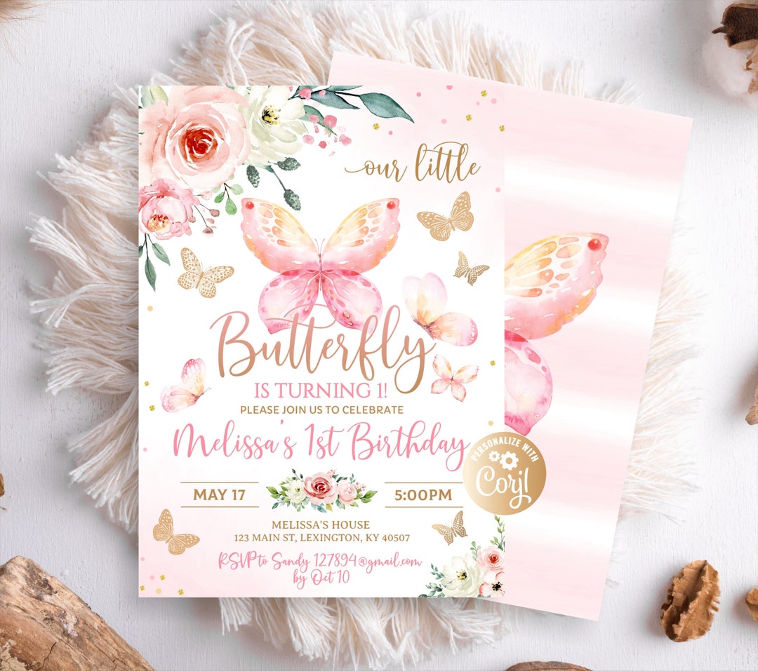 Butterfly Birthday Invitation, 1st Birthday Invite, Pink First Birthday ...