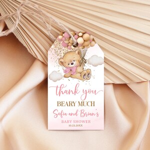 Editable Bear Favor Tags Baby Shower Pink, Party Favors Tag Bear Girl ...