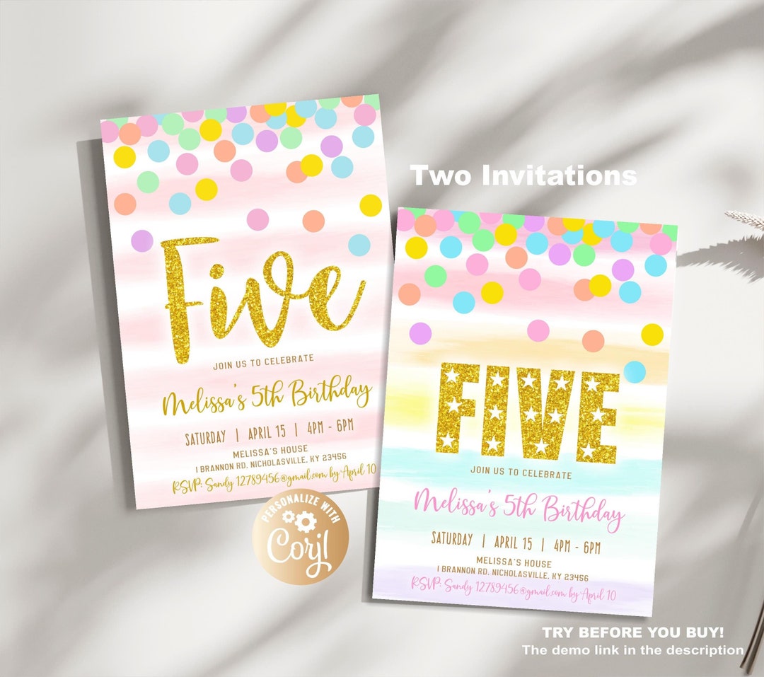 Girl 5th Birthday Invitation, Pink and Gold Fifth Birthday Invitation ...