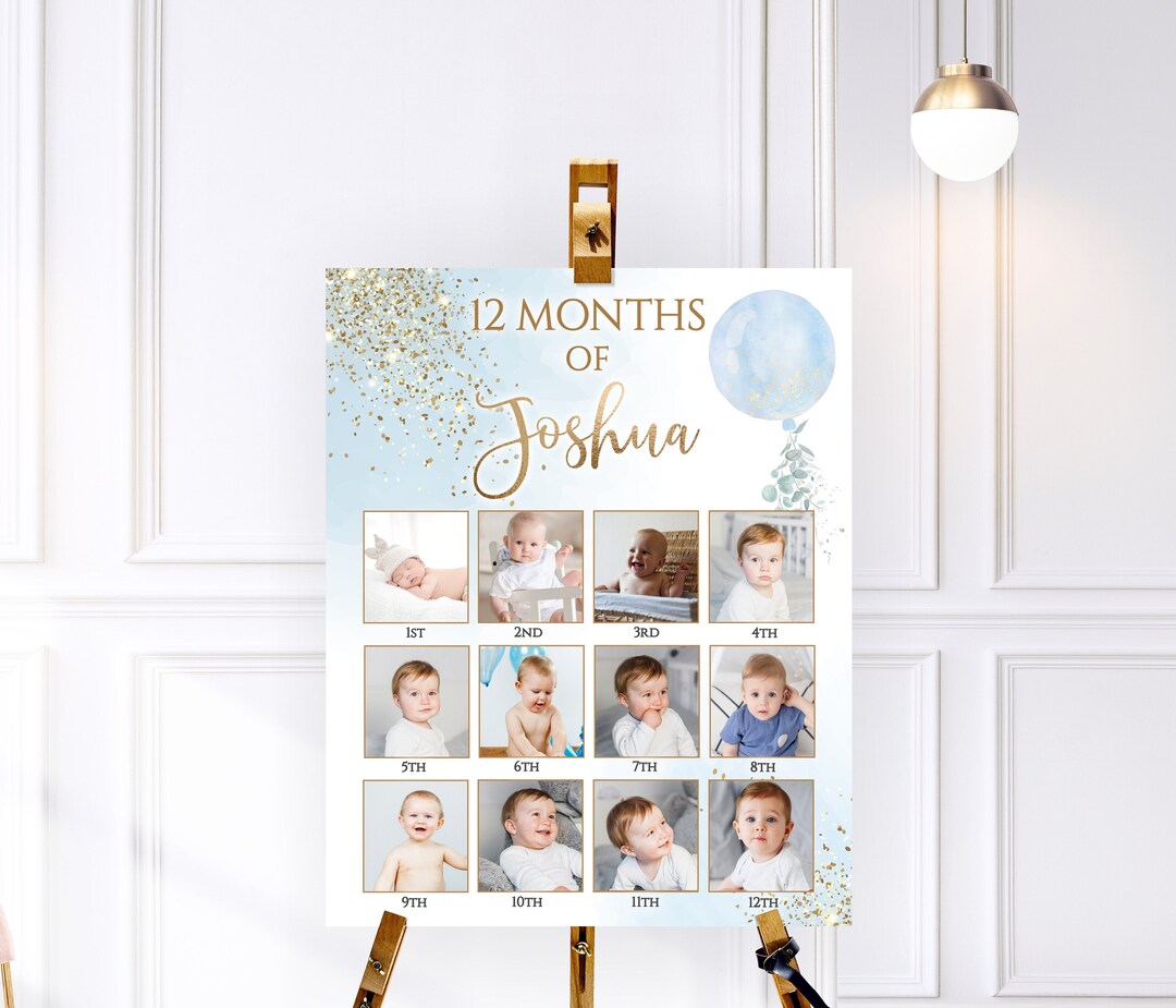Editable Boy Blue Balloon First 12 Months Photo Collage Sign, Blue ...