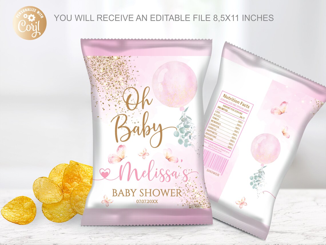 Editable Pink Balloon Girl Chip Bags, Oh Baby Chip Bag Gold Glitter ...