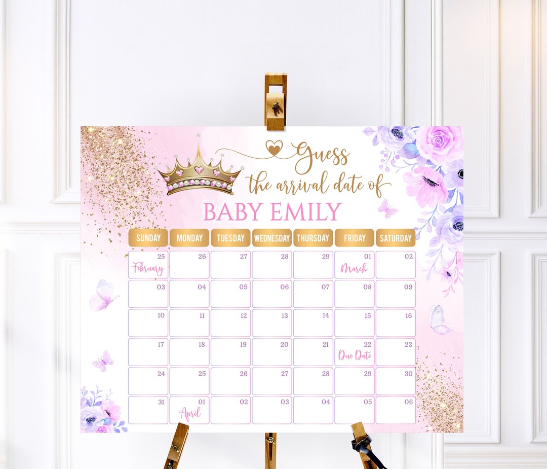 Editable Princess Due Date Calendar, Guess the Due Date Calendar, Royal ...