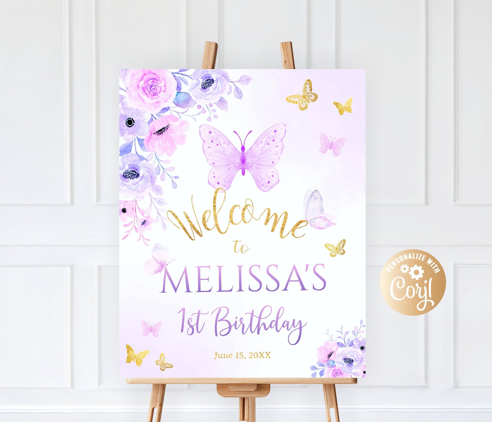 Editable Butterfly Birthday Welcome Sign Girl, Printable Purple, Pink ...