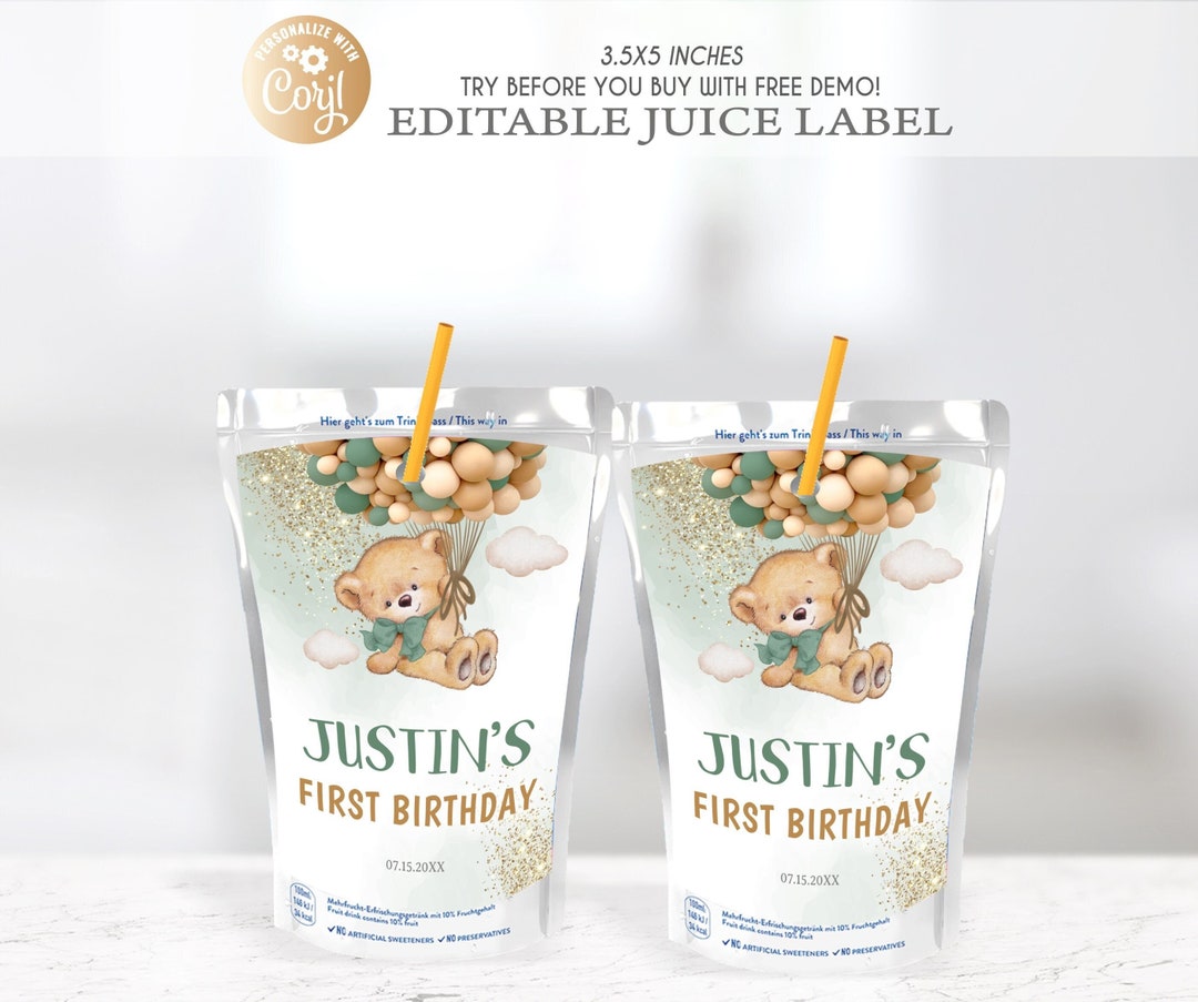 EDITIERBARE Bär Grüne Saft Etiketten Geburtstag, Bär Wasser Saft Tasse ...
