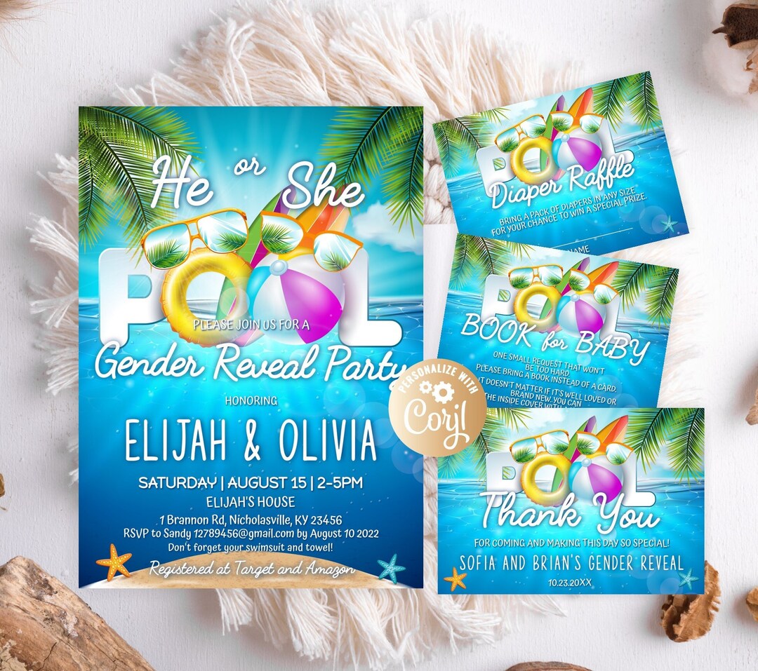 Gender Reveal Pool Set Invitation, Pool Party, Boy or Girl, He or She ...