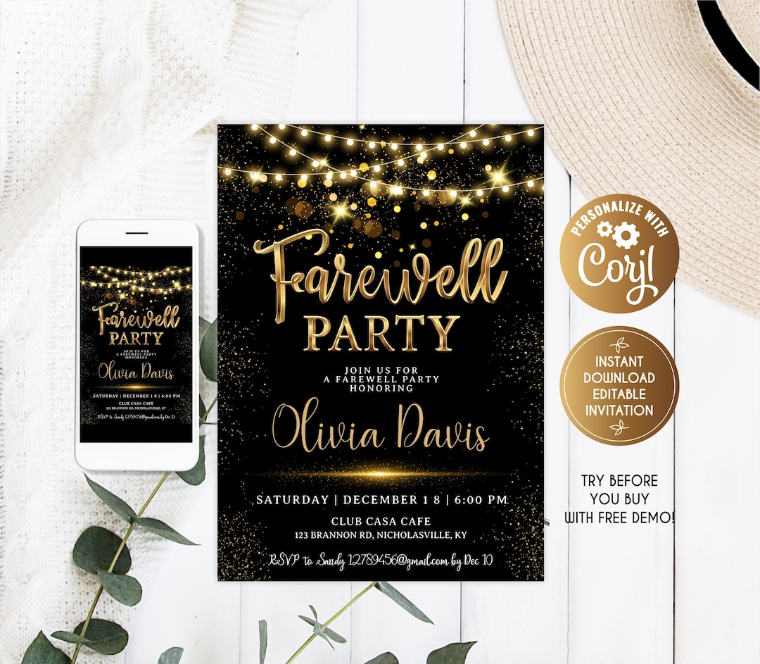 Golden Farewell Party Invitations, Farewell Lunch Invitations, Farewell ...