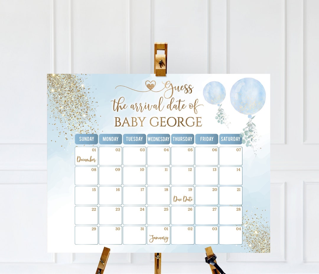 Editable Oh Boy Blue Balloon Due Date Calendar Watercolor Two Balloons ...