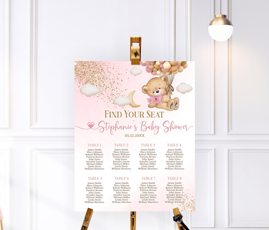 Editable Bear Pink Find Your Seat Baby Shower Sign, Bear Girl ...