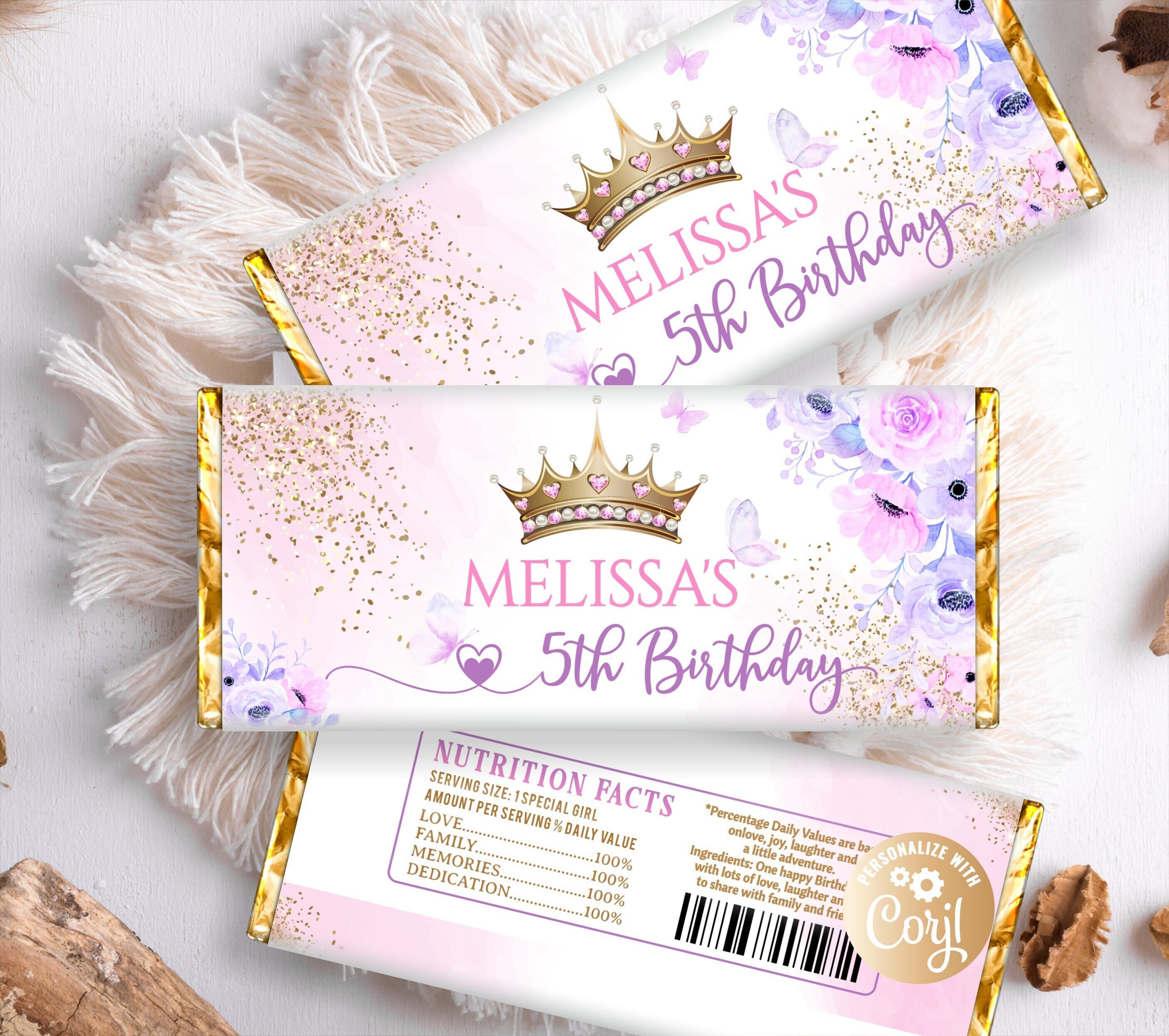 Editable Princess Chocolate Birthday Wrapper Purple Roses Printable ...