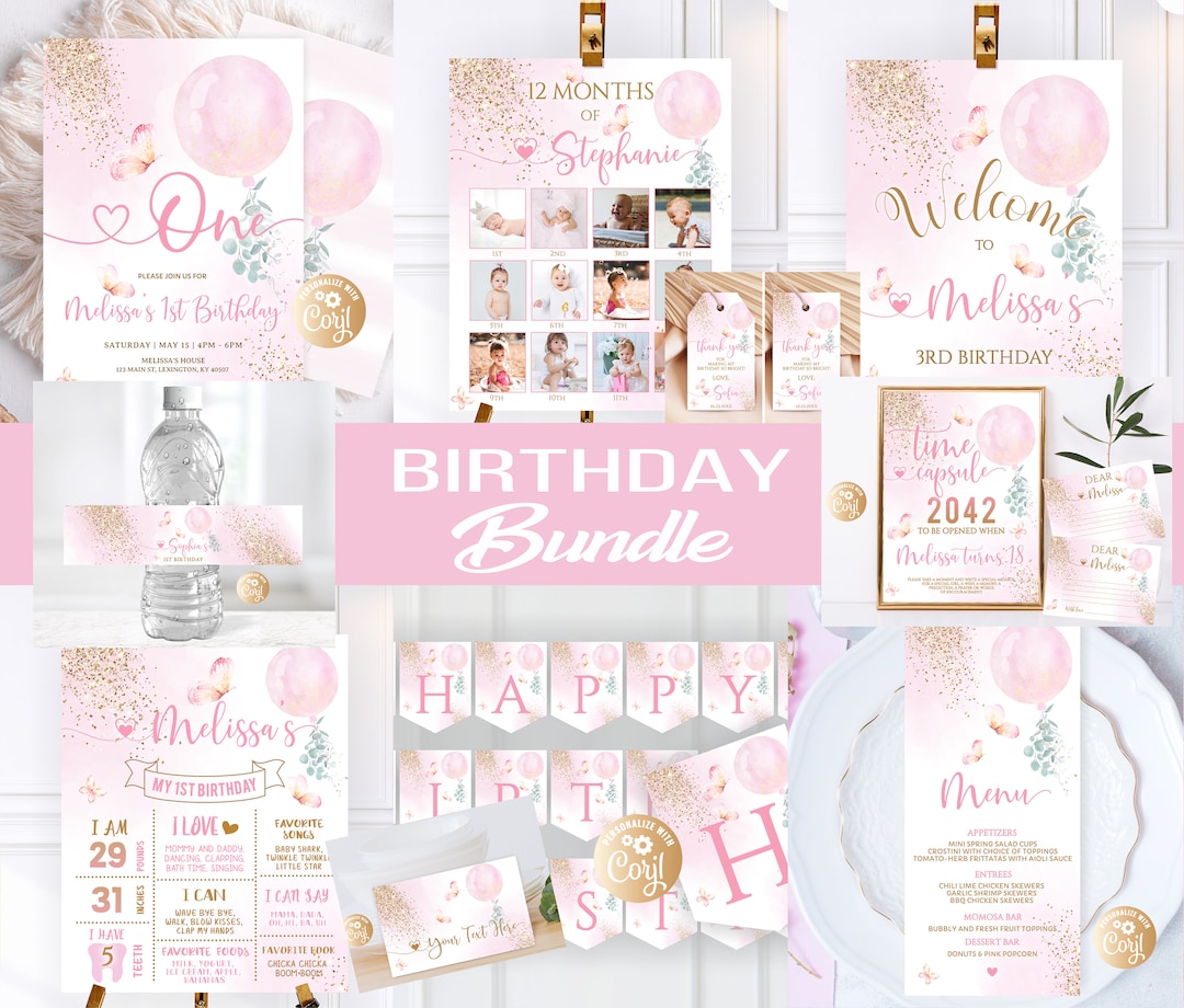 Editable Pink Balloon 1st Birthday Bundle Editable Girl Greenery First ...