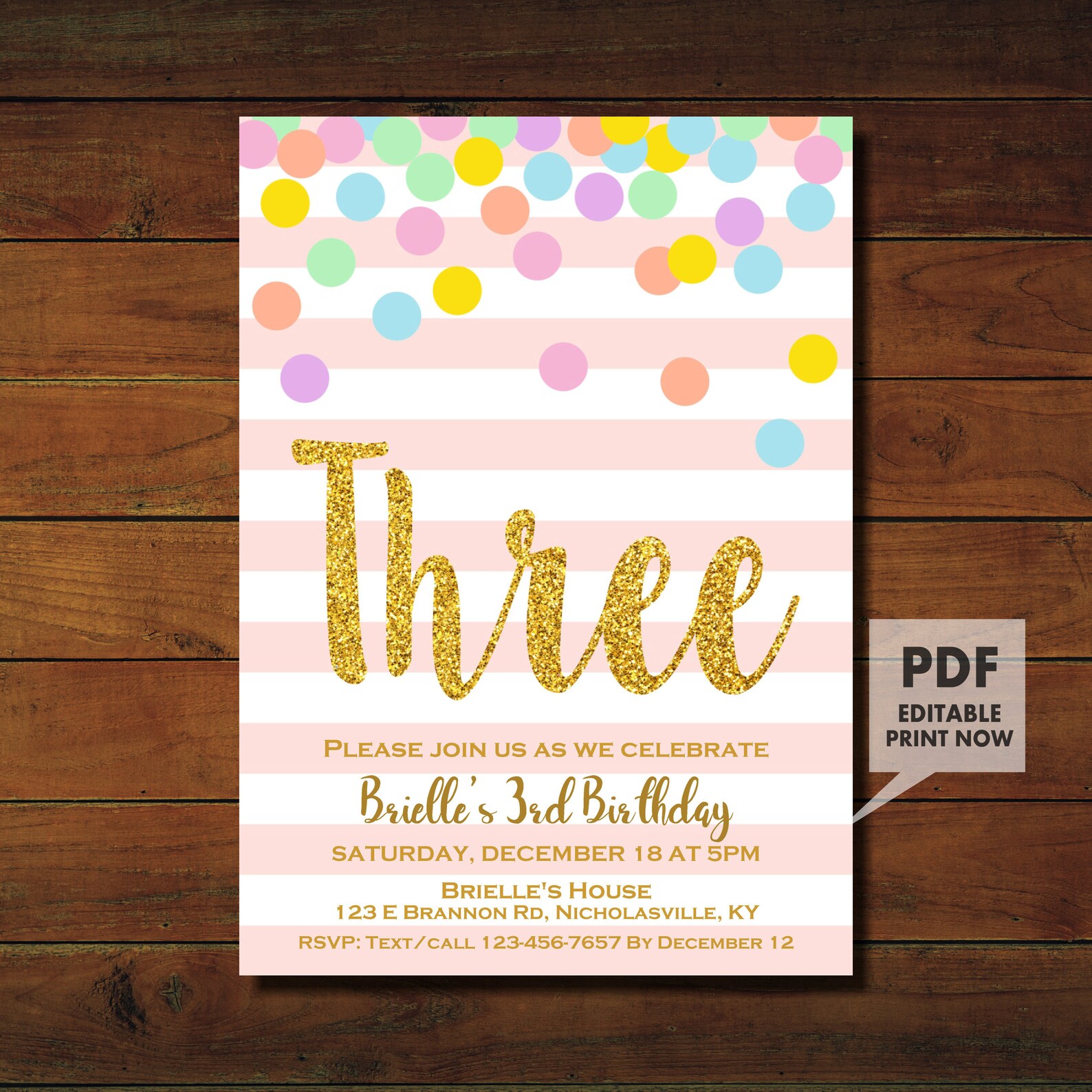 Girl 3rd Birthday Invitation Pink and Gold Third Birthday - Etsy