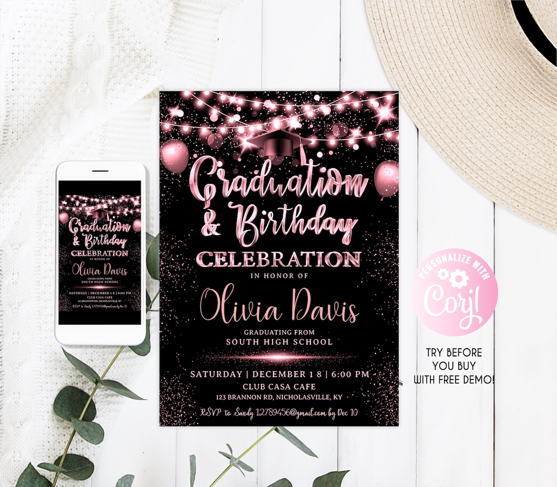 Graduation Party Invitation Pink Graduation & Birthday - Etsy