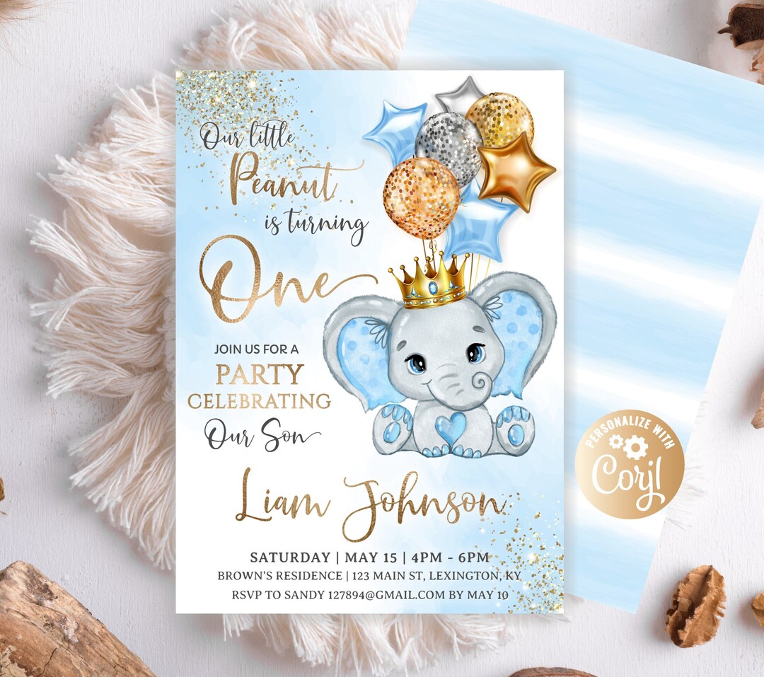 Editable Boy Elephant Birthday Invitation, Boy Blue Baby Elephant ...
