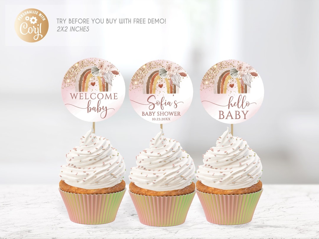 Editable Rainbow Boho Cupcake Topper Baby Shower Circle, Pampas Grass ...