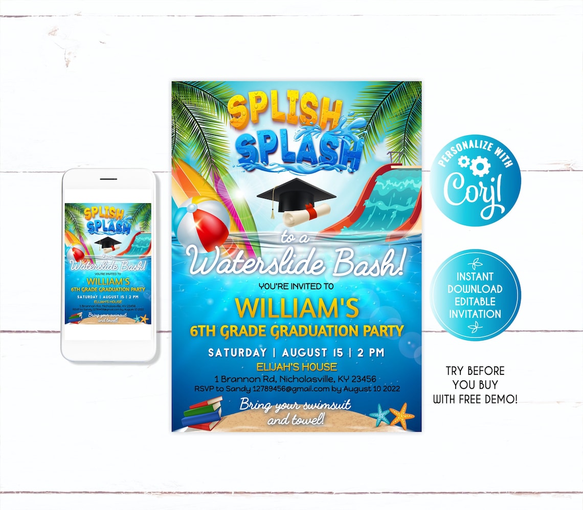 Grade Graduation Party Pool Party Invitation, Splish Splash, Graduation ...
